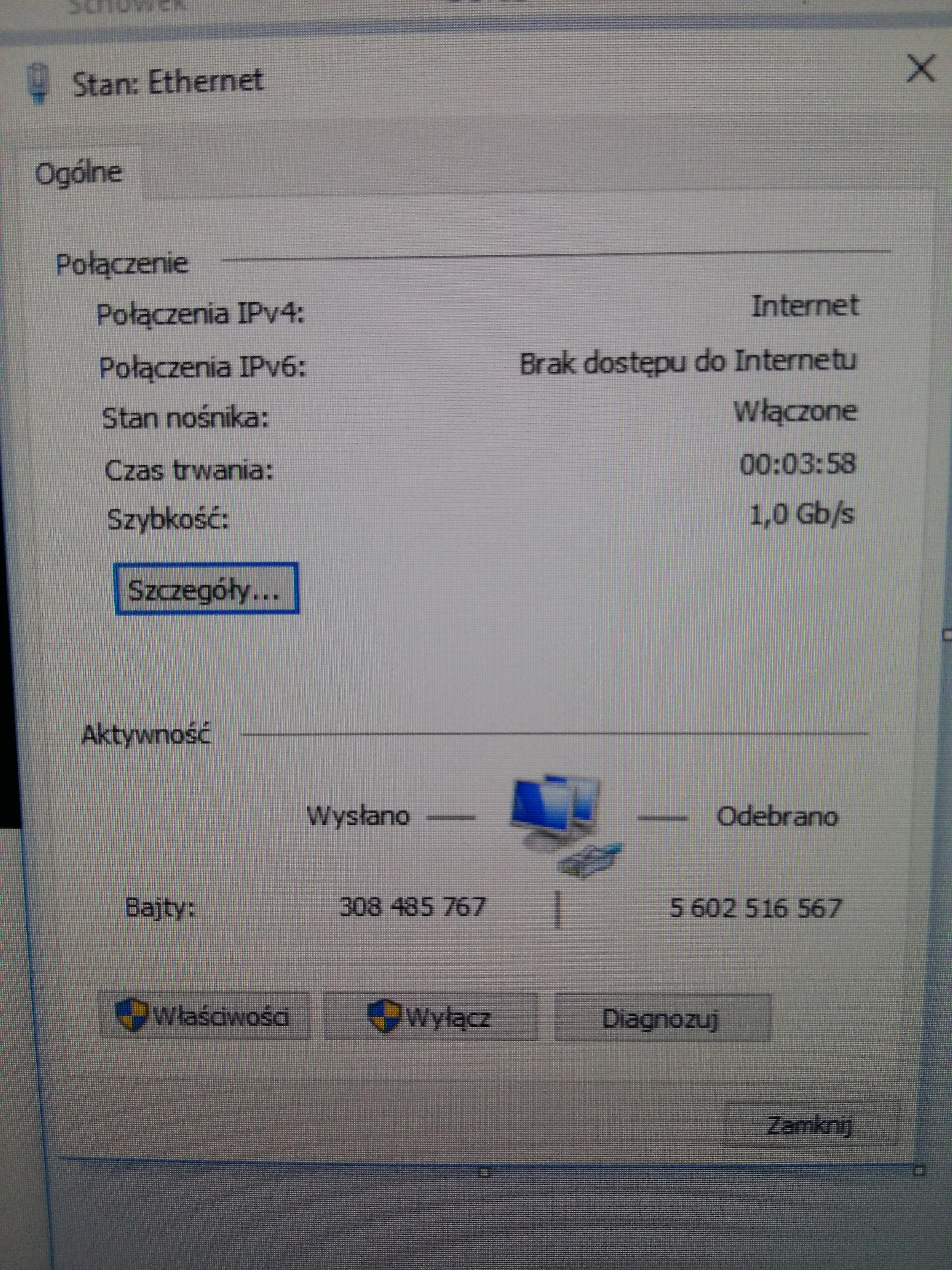 Brak internetu na PC po podłączeniu kabla, pomarańczowa dioda na karcie ...