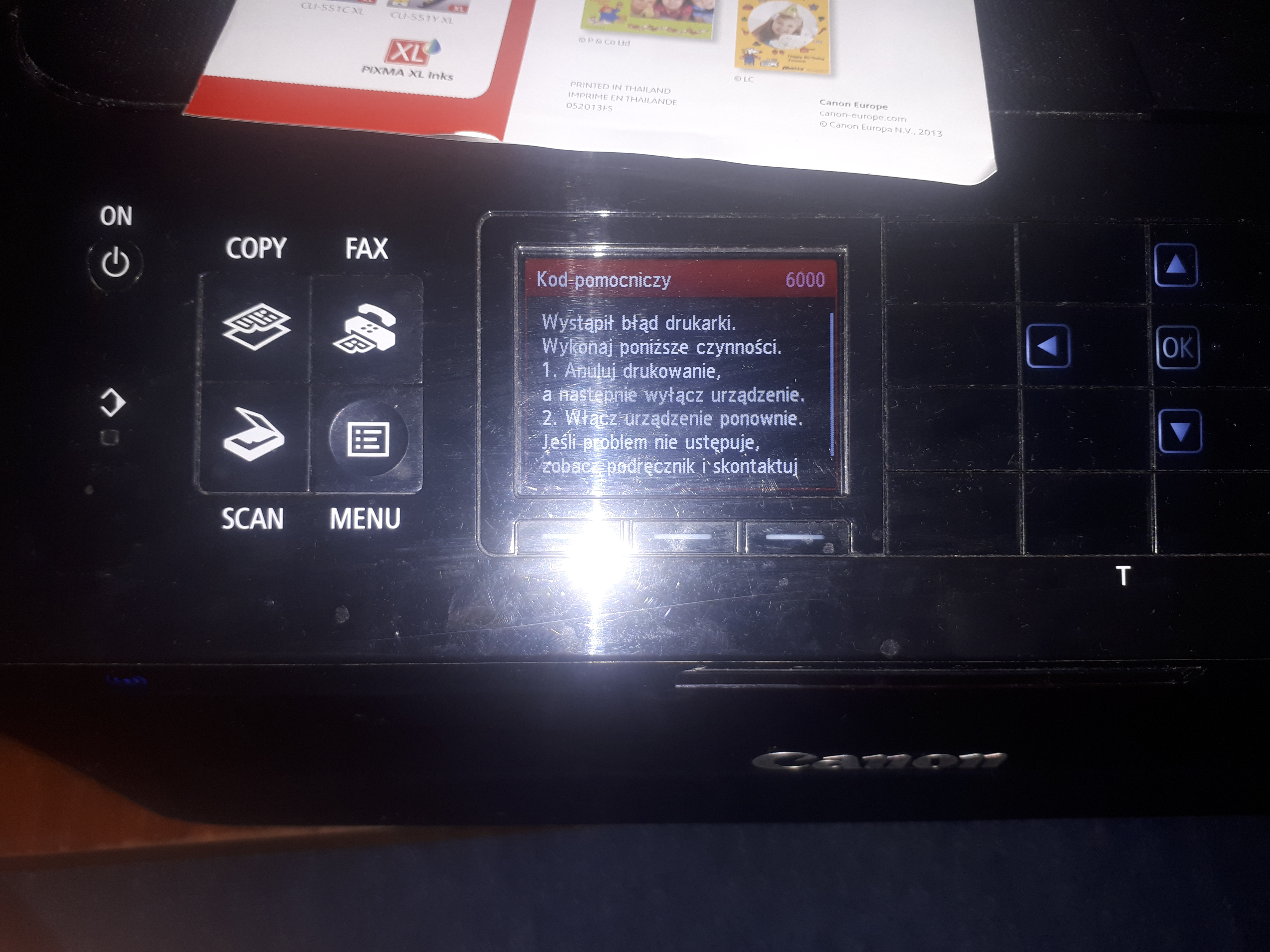 Canon PIXMA MX925 błąd 6000 po zamknięciu szuflady przez dziecko