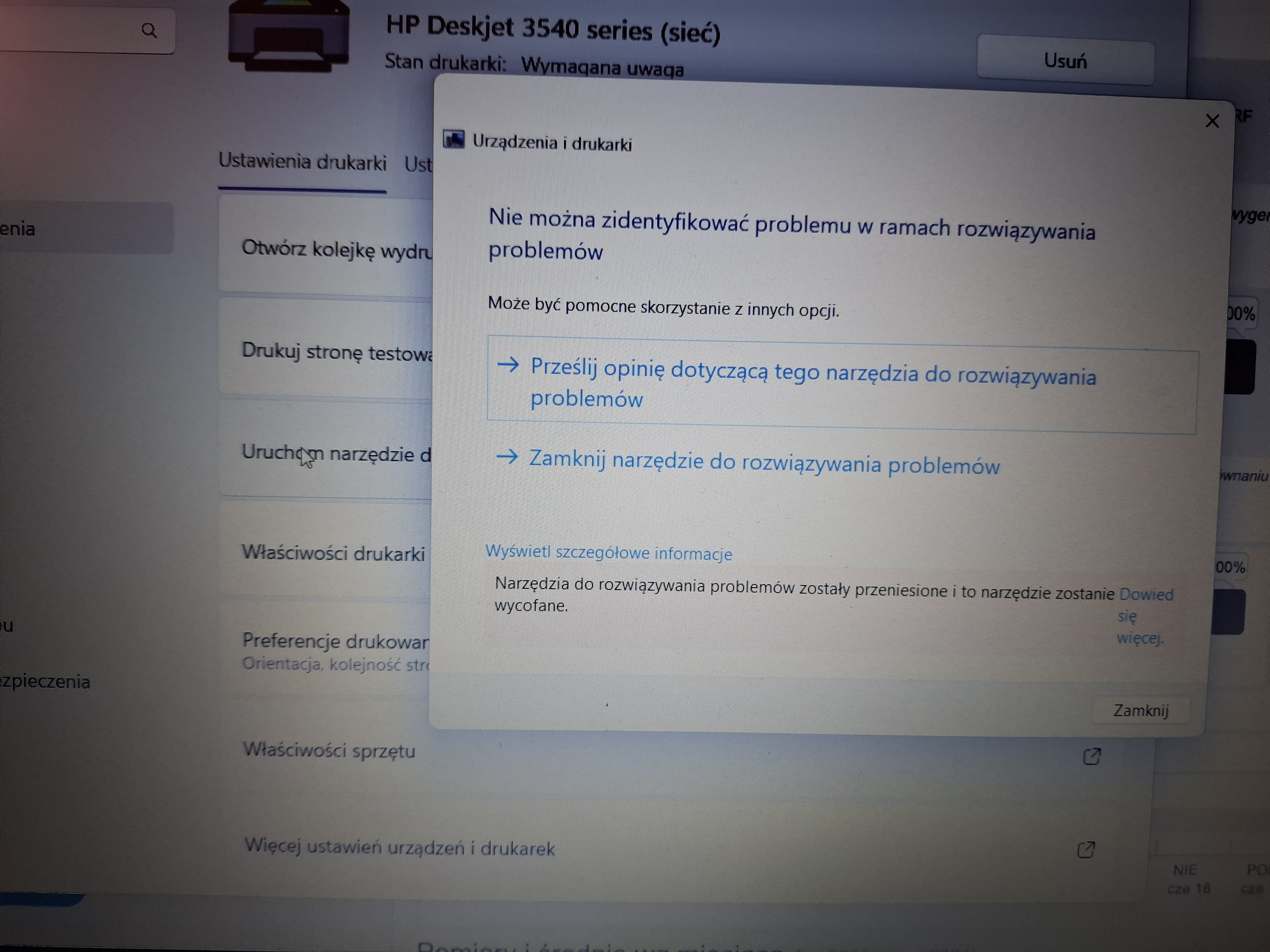 HP Deskjet Ink Advantage 3540 - komunikat wymagana uwaga przy ...