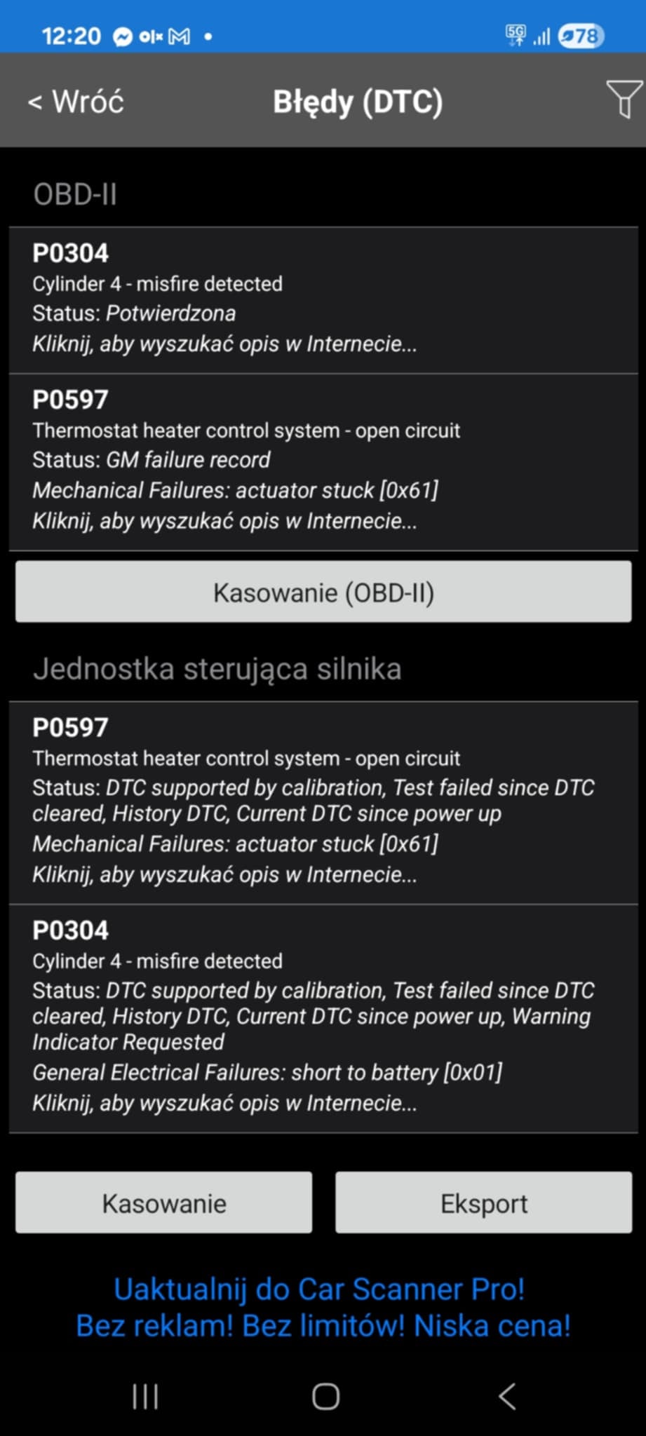 Opel Zafira B 1.8 LPG STAG 2007 – błąd P0304, P0597, brak mocy na gazie