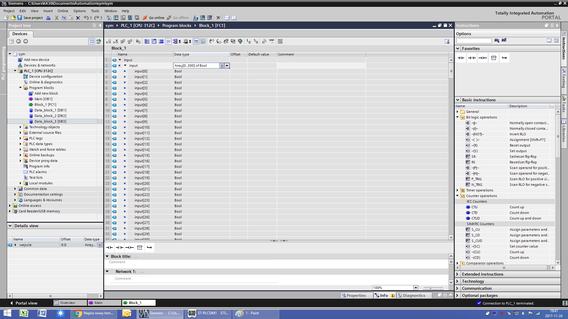 Jak wypełnić tablice array w PLC 312 C Tia Portal?