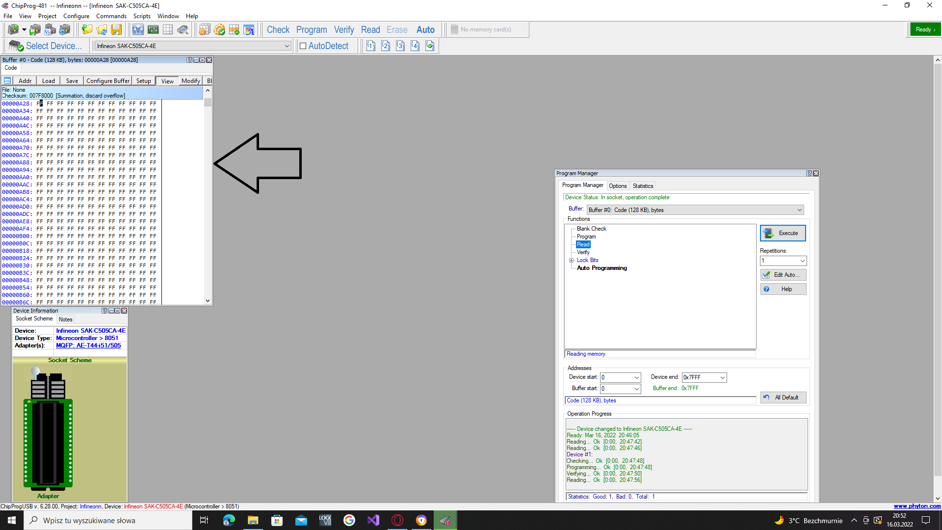 Odczyt i dekodowanie WSADu mikroczipu Infineon SAK-C505CA-4E za pomocą Chipprog-481
