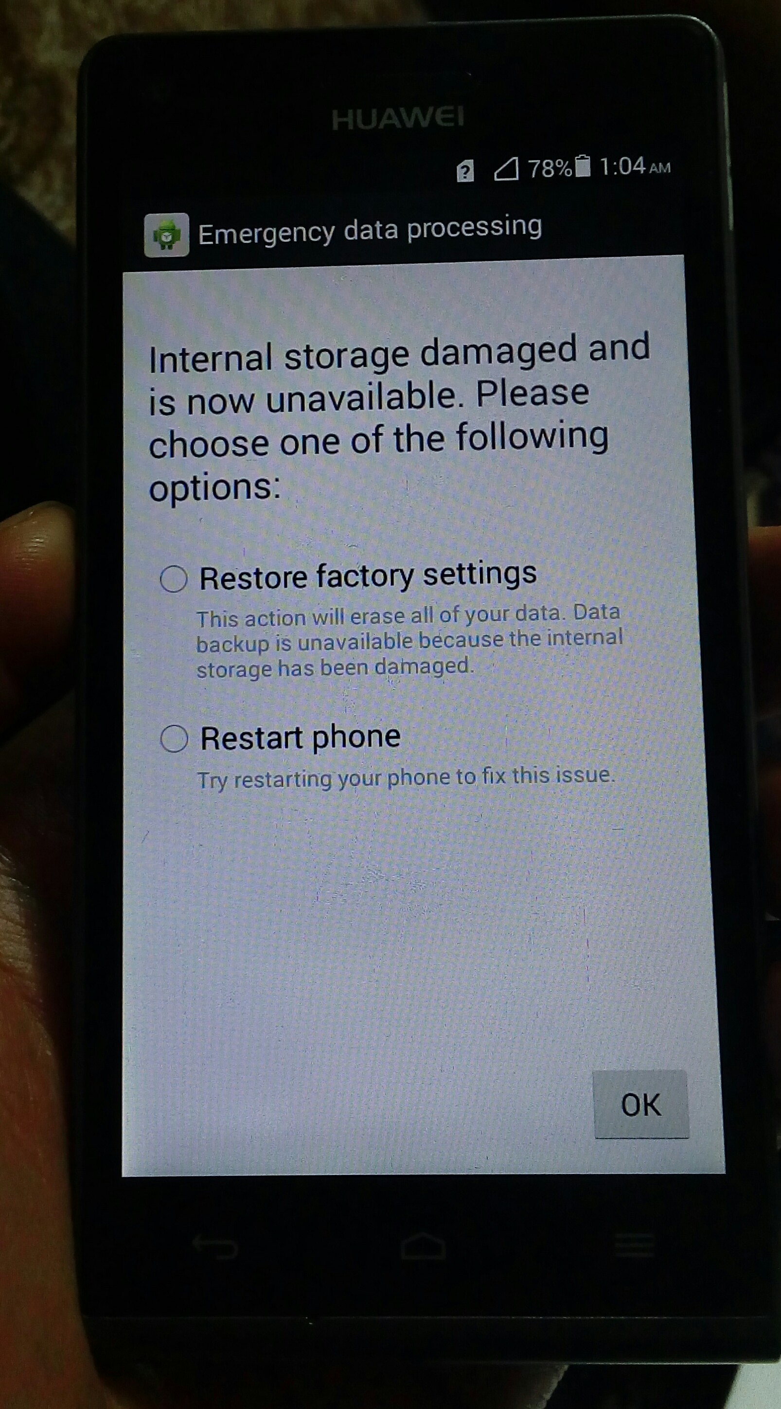 Huawei y550 - Komunikat "internal storage damaged and is now unavailable&qu