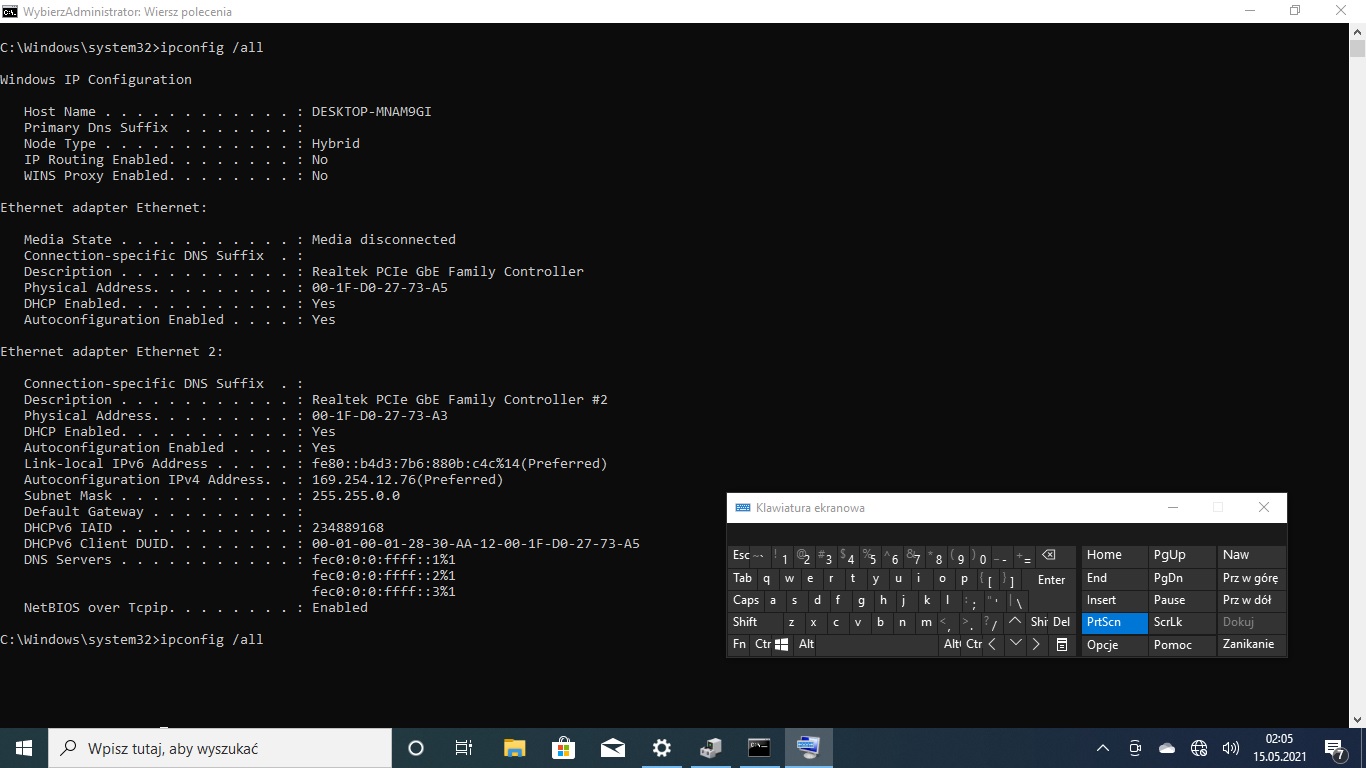 Karta sieciowa "ethernet 2" nie ma poprawnej konfiguracji protokołu IP