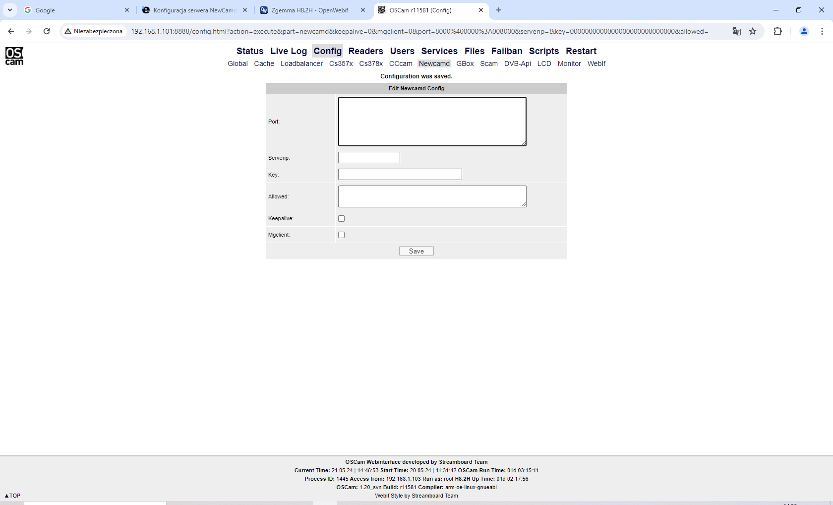 Konfiguracja serwera NewCamd na Zgemma H8.2H dla multiroom z Ariva 200