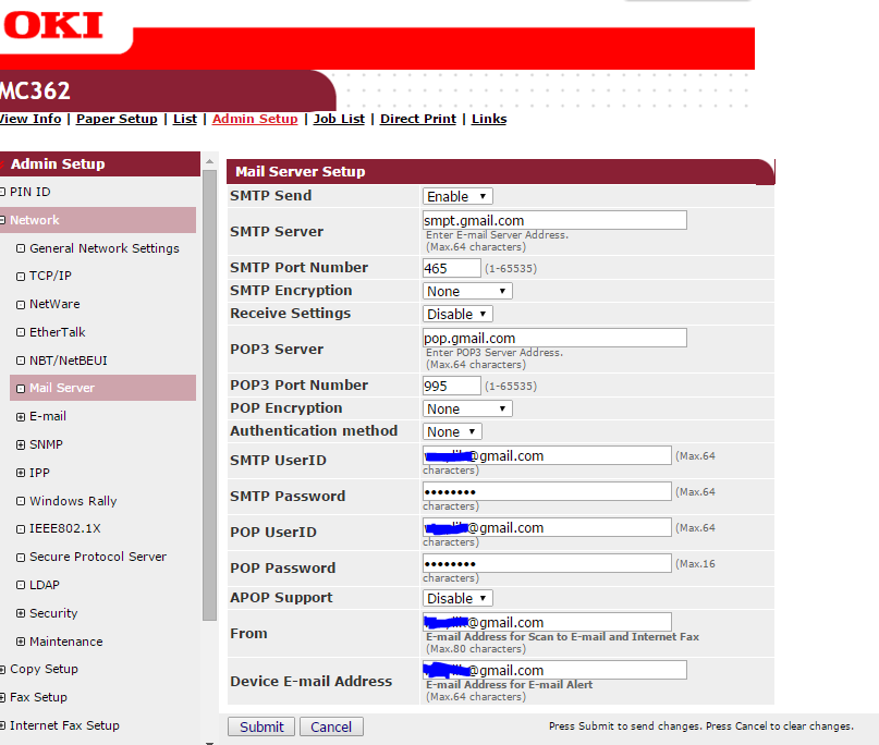 OKI mc362 - błąd ustawień SMTP przy skanowaniu na maila