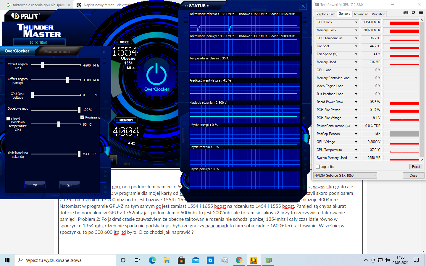 Różnica taktowania karty graficznej Palit w programach ThunderMaster i ...