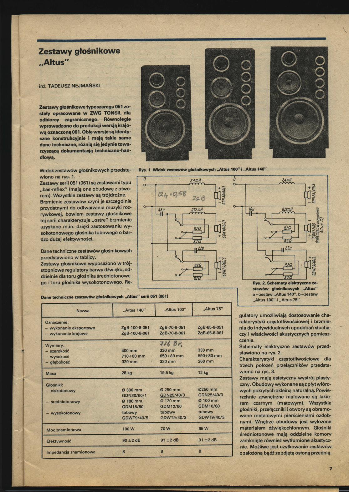 Altus 140 - schemat podłączenia głośników i szczegóły obudowy