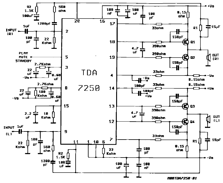 Wzmacniacz TDA7250 z TIP147/142 - niska moc, jak skonfigurować piny J1, J2, J3?