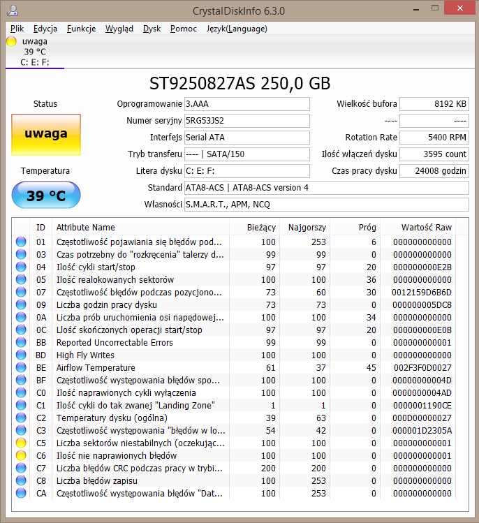SMART - Analiza stanu dysku, wysokie temperatury, 7 lat użytkowania