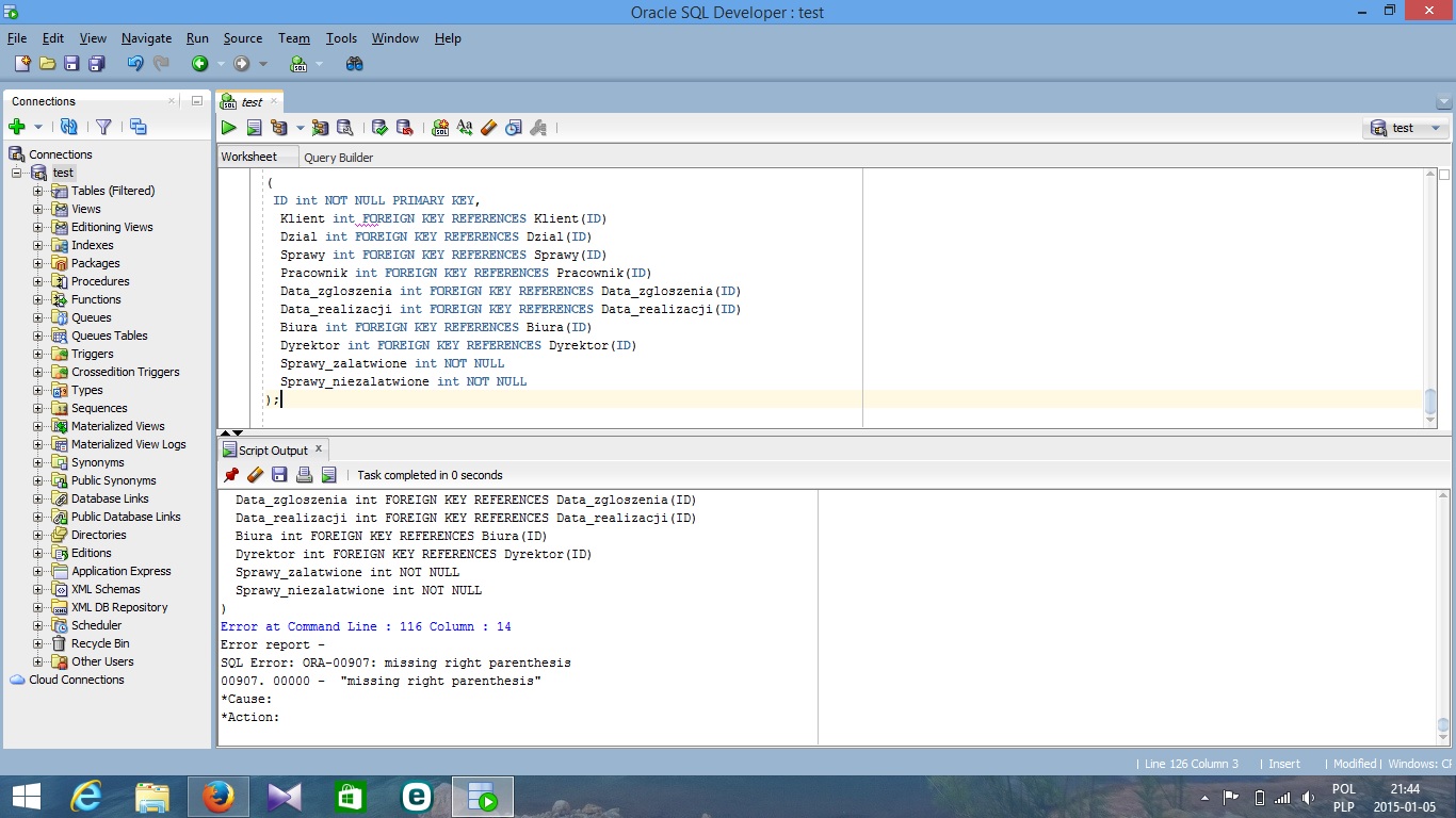 SQL Developer ORA-00907: brakujący nawias przy tworzeniu tabeli faktów w schemacie gwiazdy