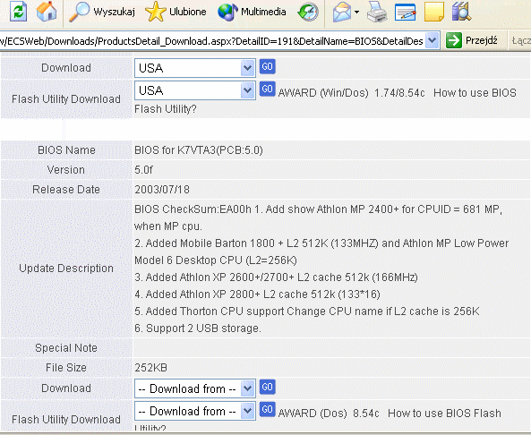 Aktualizacja BIOS dla ECS K7VTA3/KT333 v5.0 z Phoenix D686 i Athlon ...