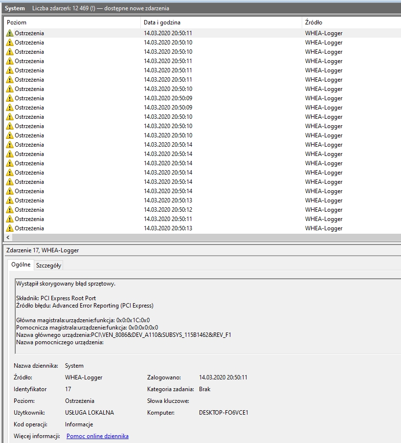 MSI PE70 6QE - WHEA-Logger zdarzenie 17, częste błędy przez WiFi/Bluetooth?