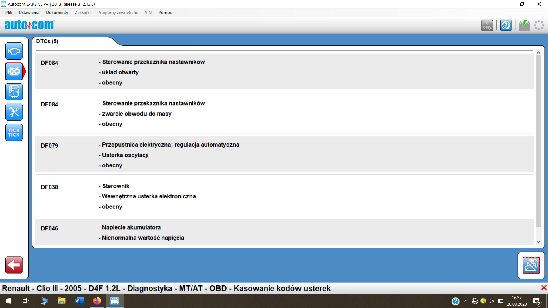 Renault Clio III 1.2 16v nie odpala błędy DF038 DF084 DF079 DF046