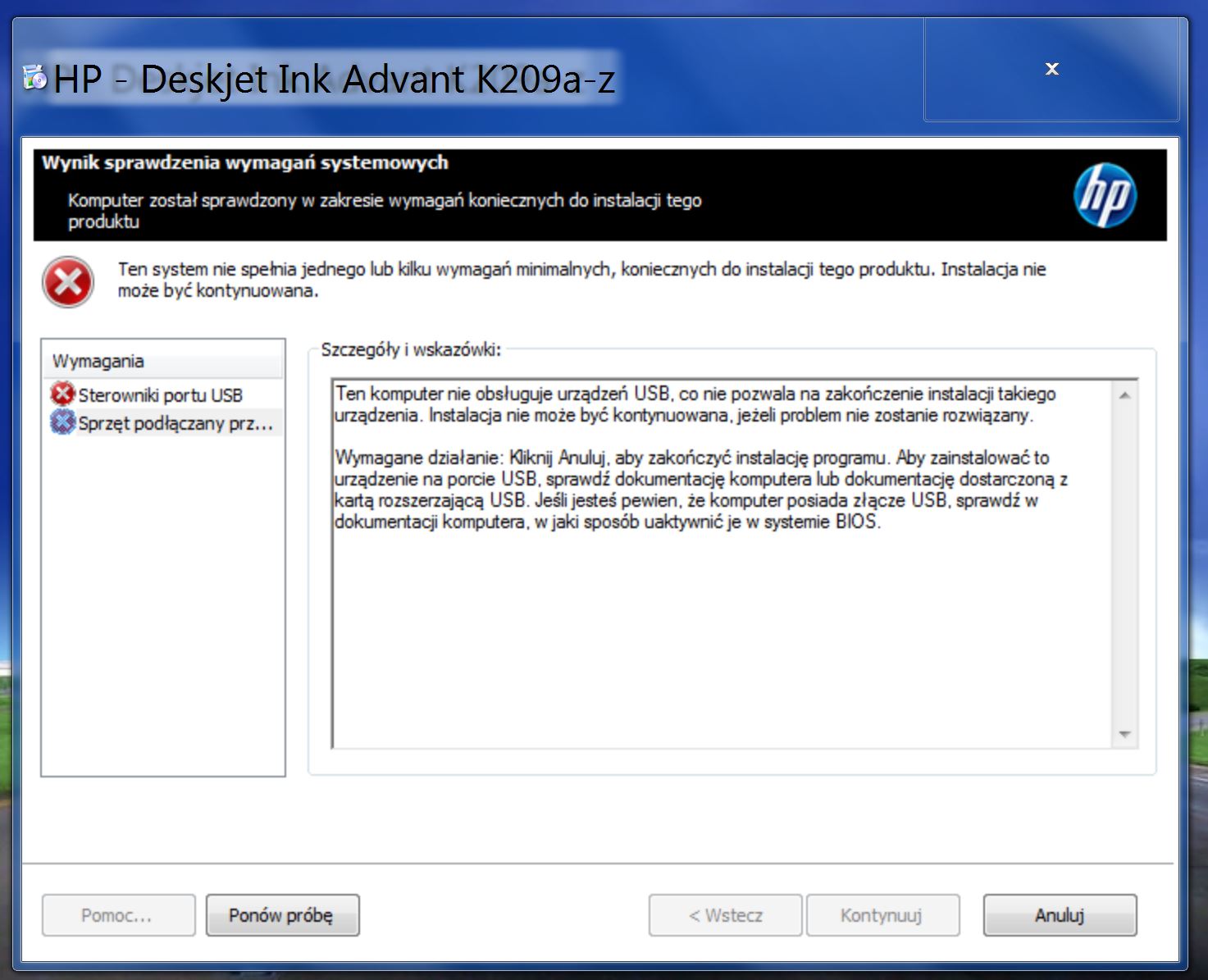 Urządzenie wielofunkcyjne HP Deskjet Ink Advantage seria K209 nie instaluje win7