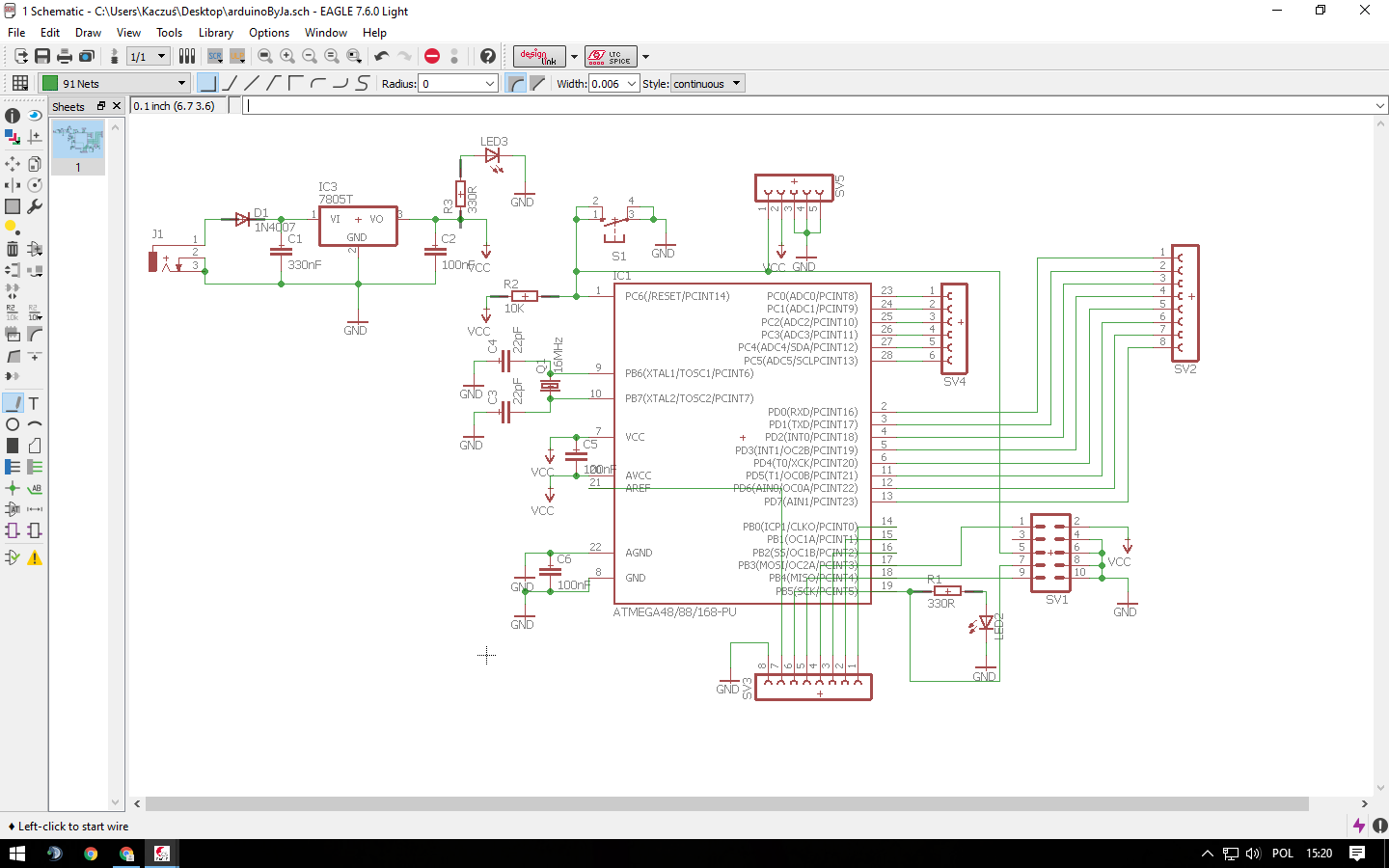 [eagle] Sprawdzenie schematu Arduino w Eagle - dioda Zenera i rezystor