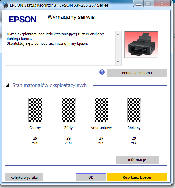 EPSON XP 255 - Komunikat błędu, możliwości uruchomienia i dalsze działanie