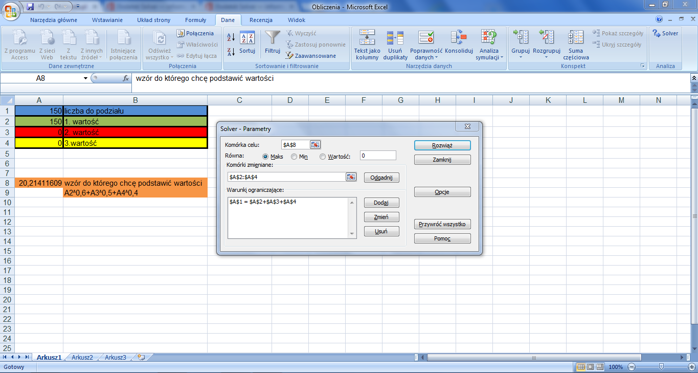MS Excel - Optymalny podział liczby na komórki A1, A2, A3 dla ...