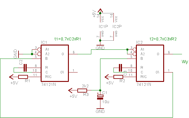 Schemat płytki drukowanej dla generatora astabilnego z 74121