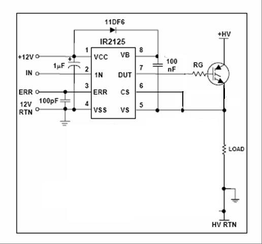 Jak dobrać elementy bierne i diodę w układzie IR2125 z MOSFET IRF740?