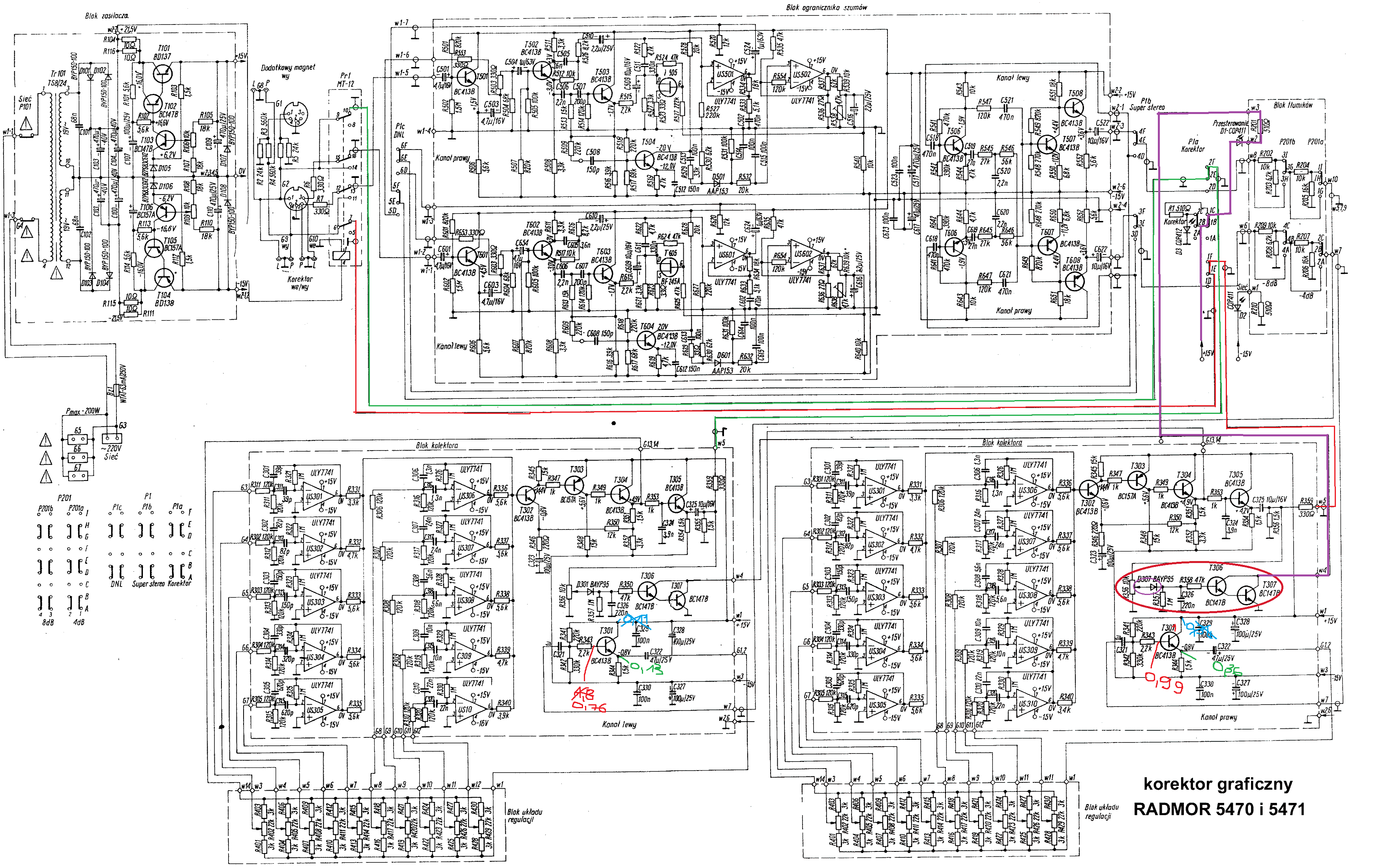 Radmor 5470 - Korektor, płytka B3, jeden kanał gra ciszej. Co sprawdzić?