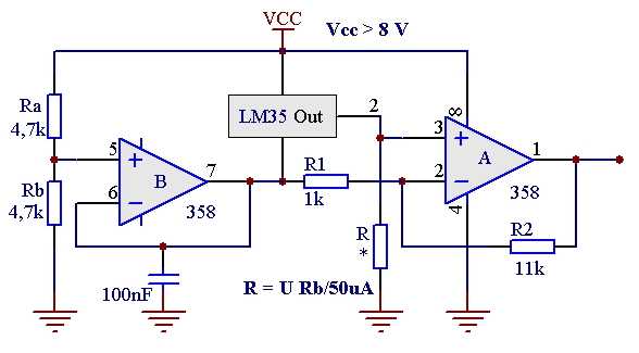 Wzmacniacz nieodwracający na LM358 do czujnika LM35 z wzmocnieniem x11