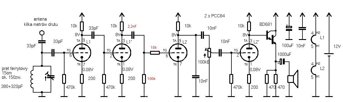 [Rozwiązano] Elementy układu odbiornika na PCC84 zaznaczone na czerwono ...