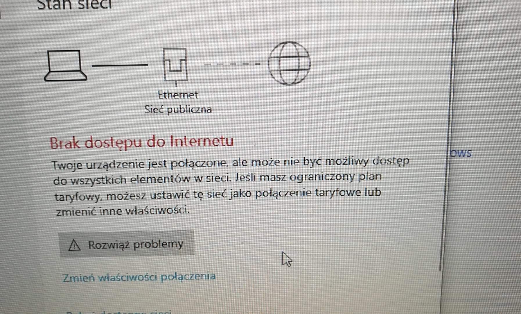 Brak dostępu do internetu - konfiguracja adresu IP nieudana