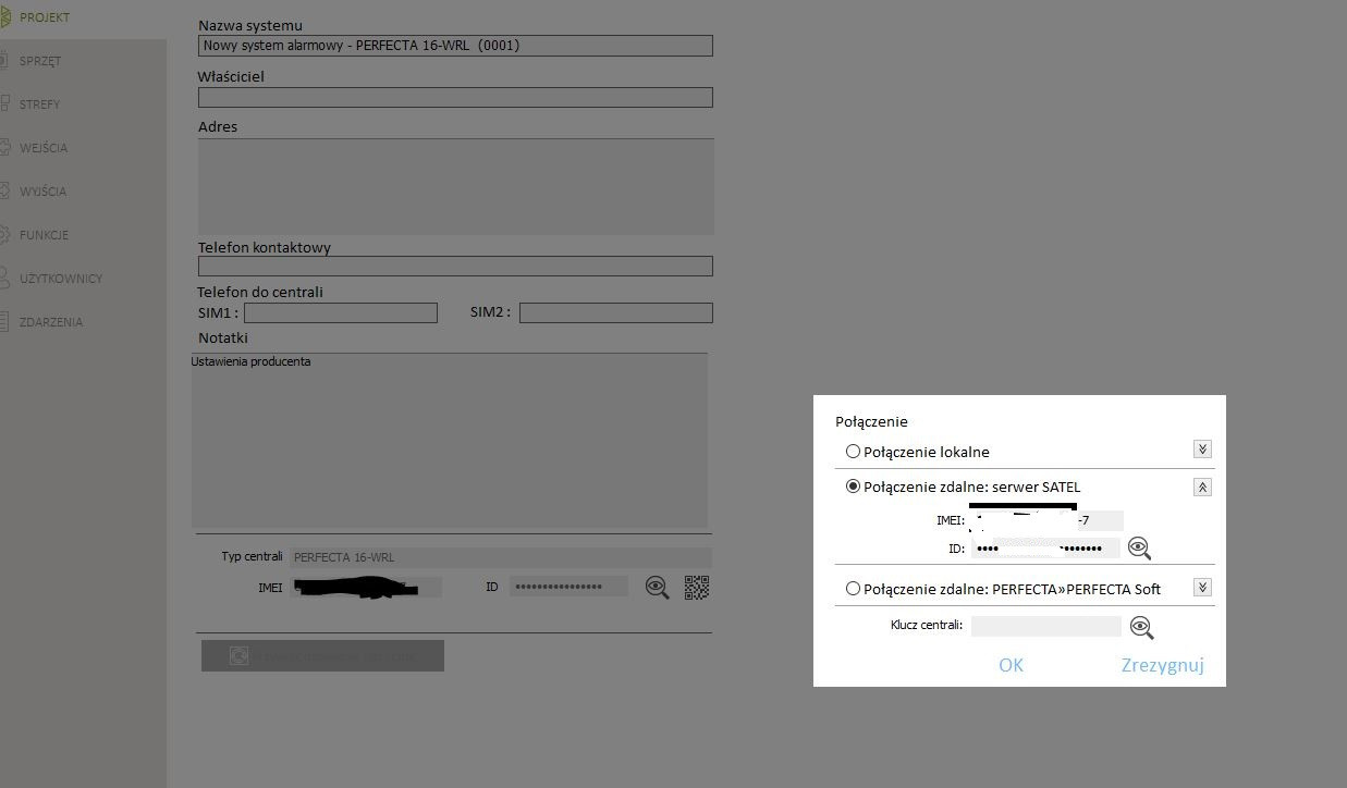 Brak pola dla klucza centrali w Perfecta Soft przy zdalnym połączeniu