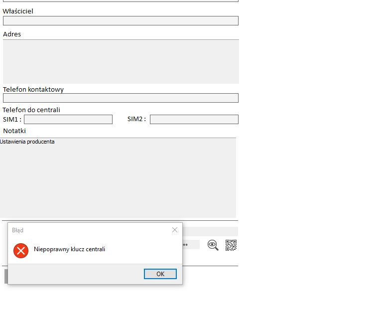 Brak pola dla klucza centrali w Perfecta Soft przy zdalnym połączeniu