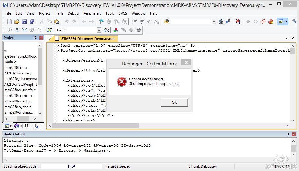 STM32F0-Discovery - błąd Cannot access target podczas debugowania w Keilu