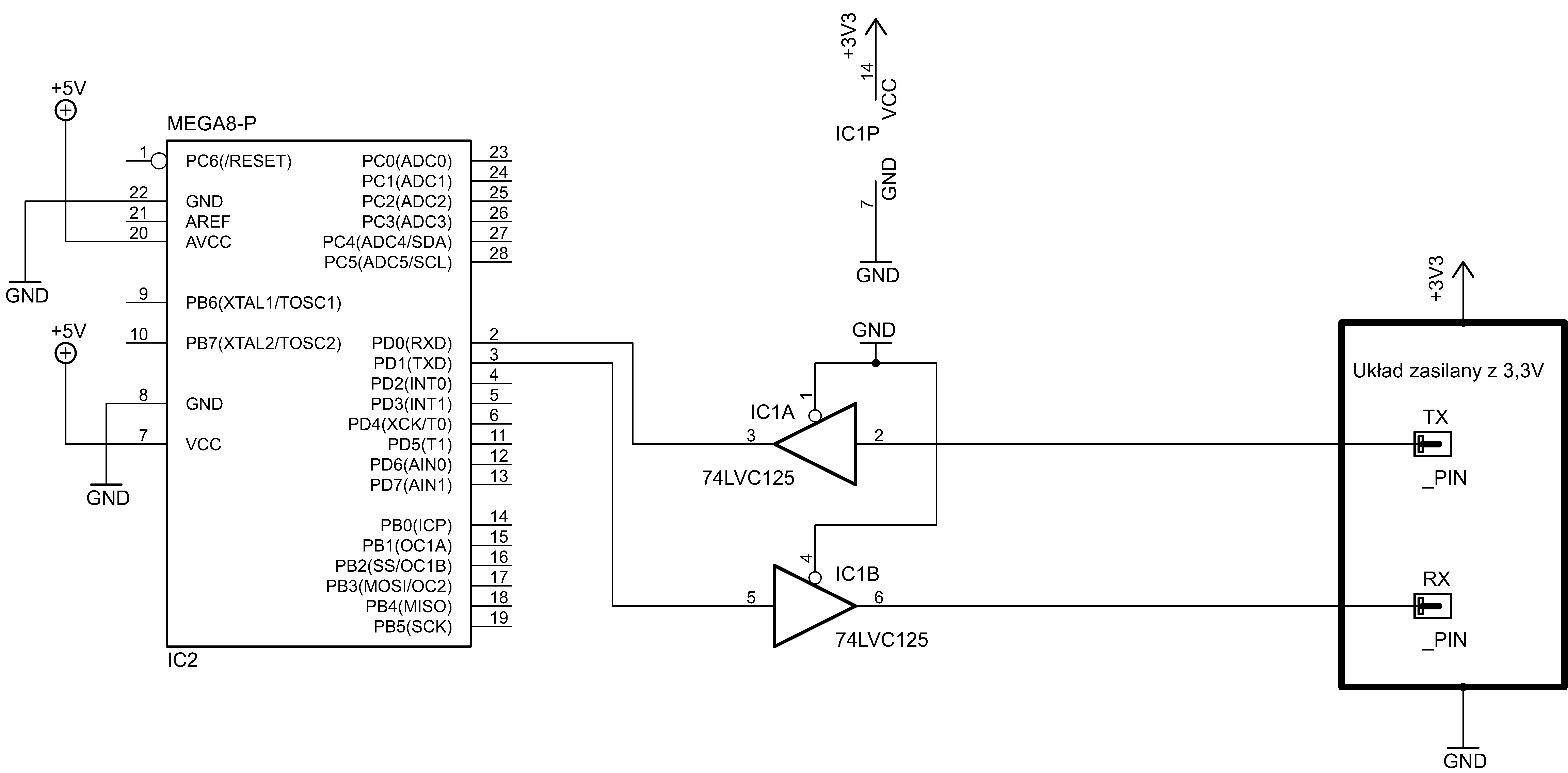 Konwersja stanów logicznych 74LVC125 dla UART RX/TX z 5V na 3,3V