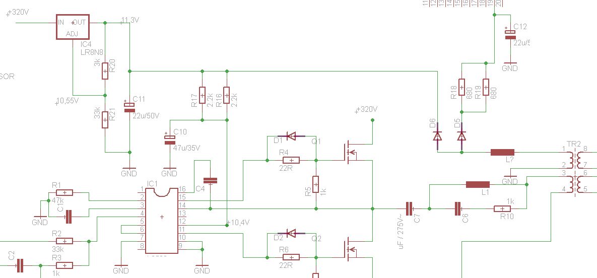 Przetwornica L6598 nie startuje bez zewnętrznego zasilania, napięcia na C10 i LR8