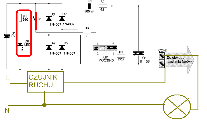 Podłączenie czujnika ruchu i układ do płynnego rozjaśniania żarówki