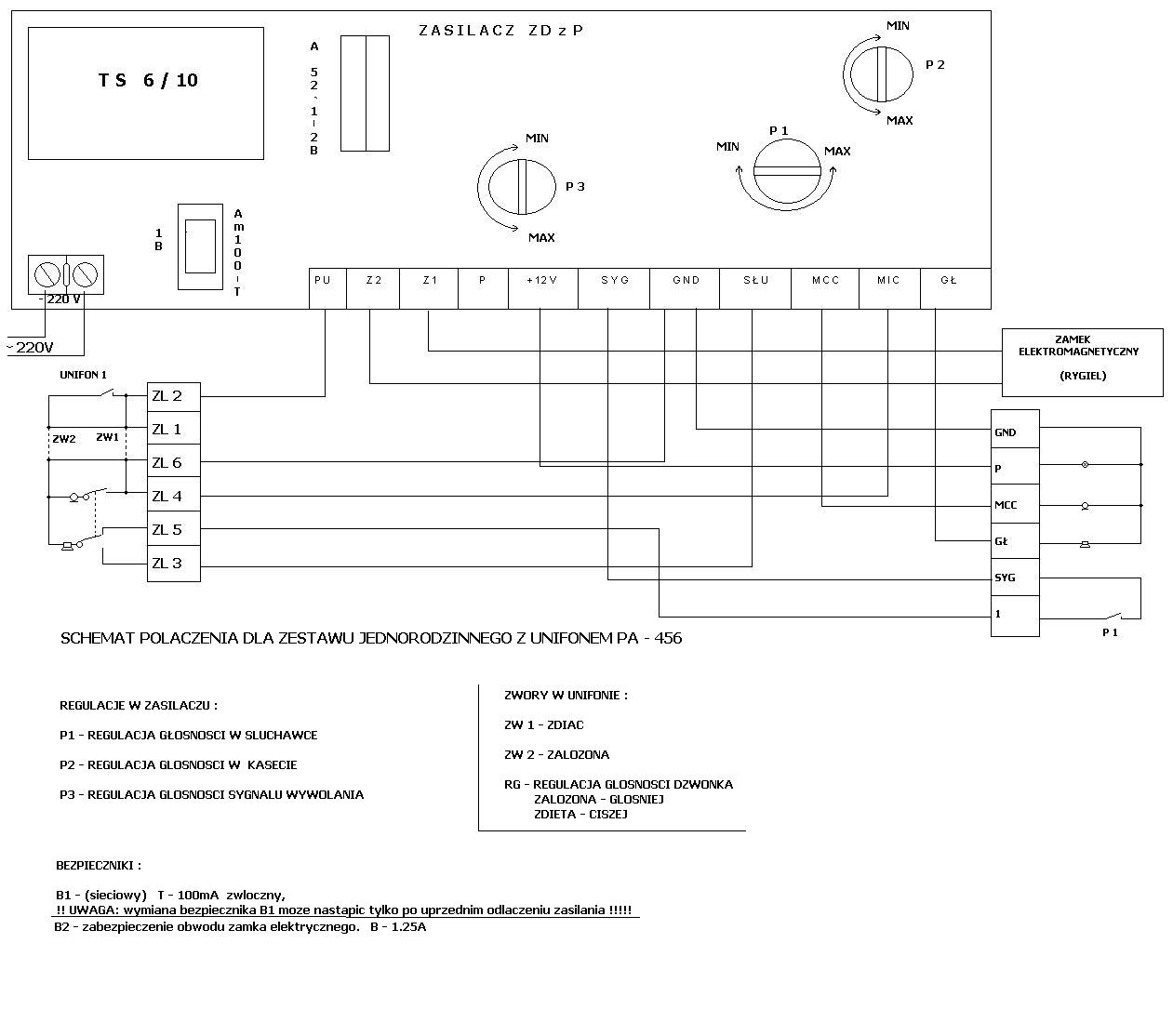 Schemat podlaczenia domofonu firmy IMPULS typ PA-456