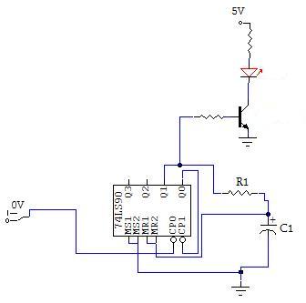 Jak podłączyć SN7490, by dioda LED błysnęła po drugim kliknięciu?