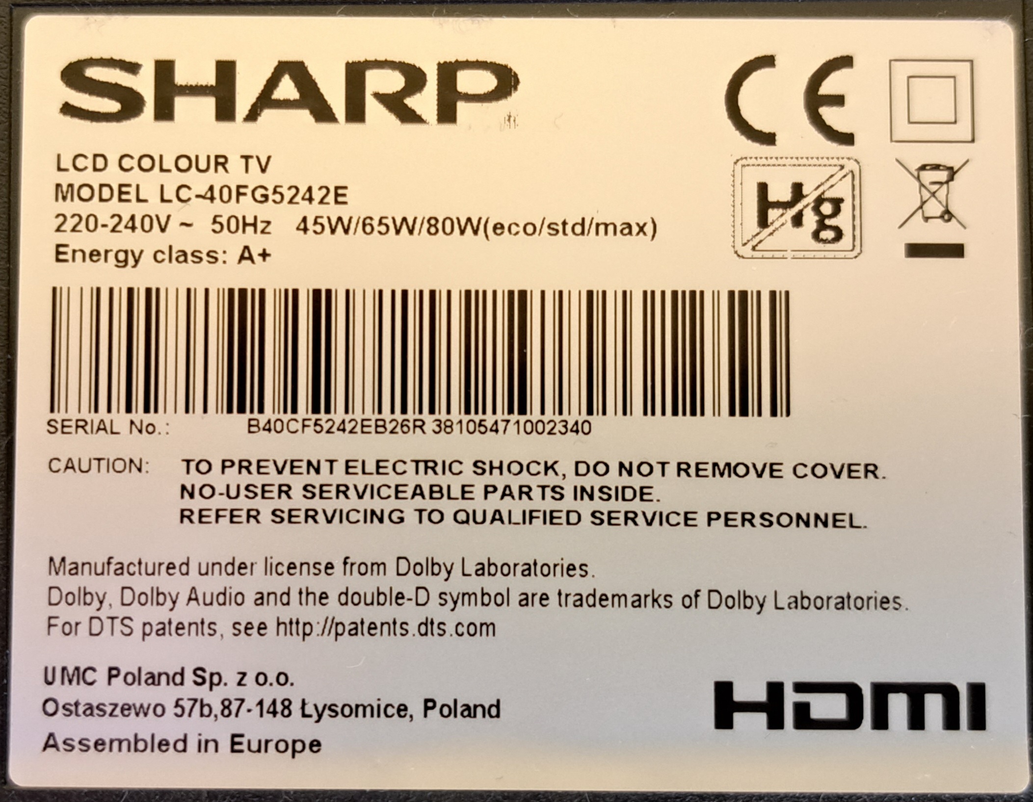 Sharp LC-40FG5242E niebieska kontrolka, nie włącza się