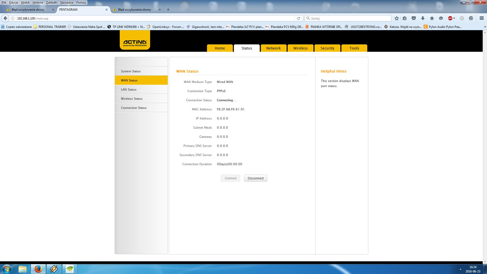 Tryb bridge netia spot -> router actina cerberus p6820.