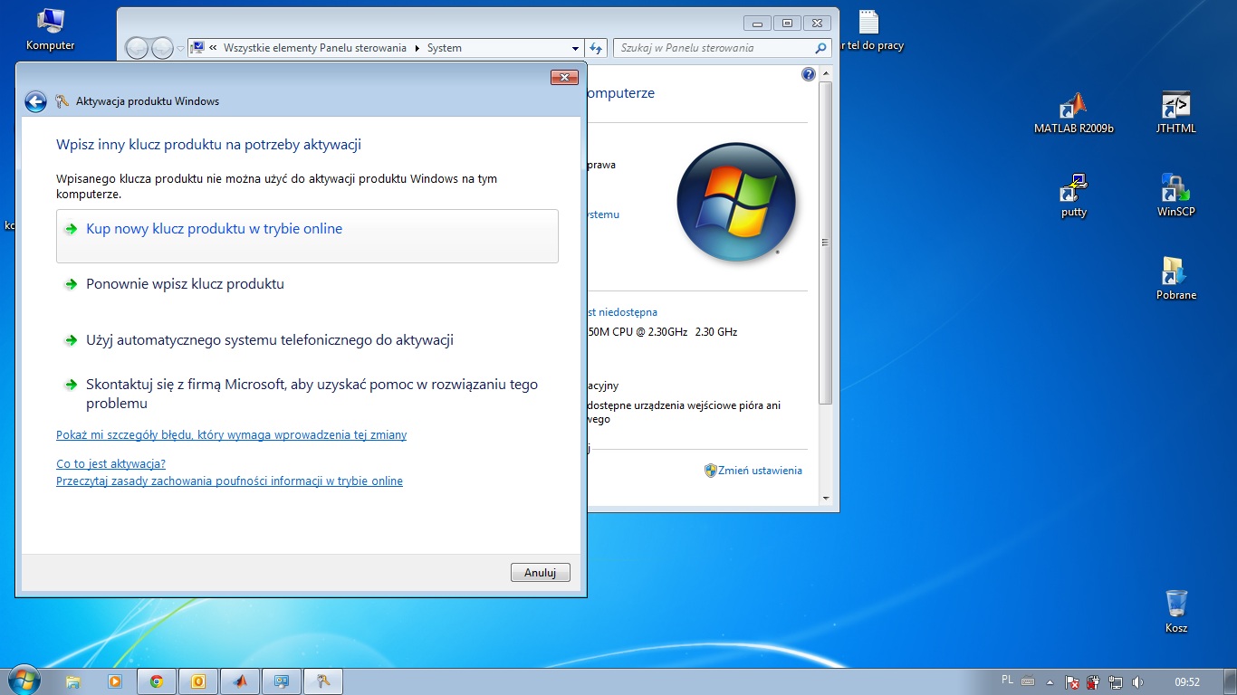 Aktywacja Windows 7 Professional po powrocie z Windows 8 - klucz nie działa