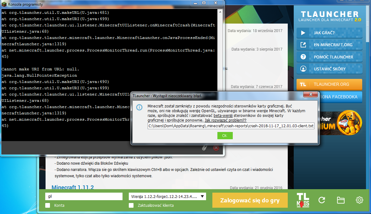 Błąd opengl.dll w Minecraft Tlauncher na Windows 7 po reinstalacji