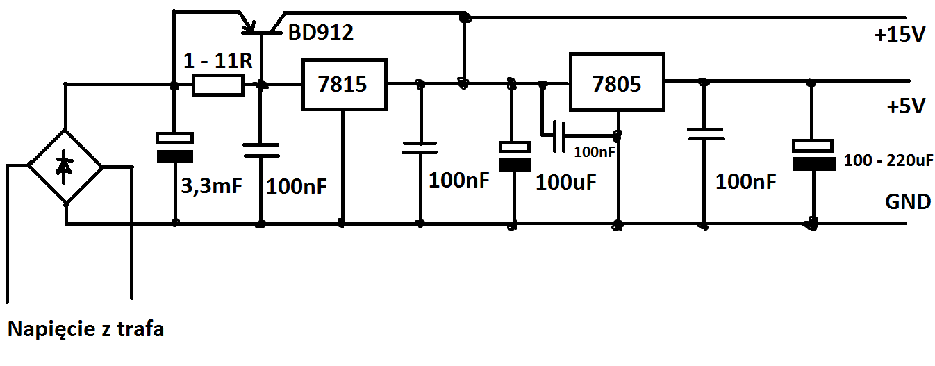 Zasilacz stabilizowany - schemat daje 25V na wyjściach zamiast 15V, 12V, 5V